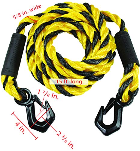 STANLEY S1052 Black/Yellow 5/8" x 15' Poly-Blend Braided Tow Rope with Heavy Duty Tri-Hook (7,200 lbs Break Strength)