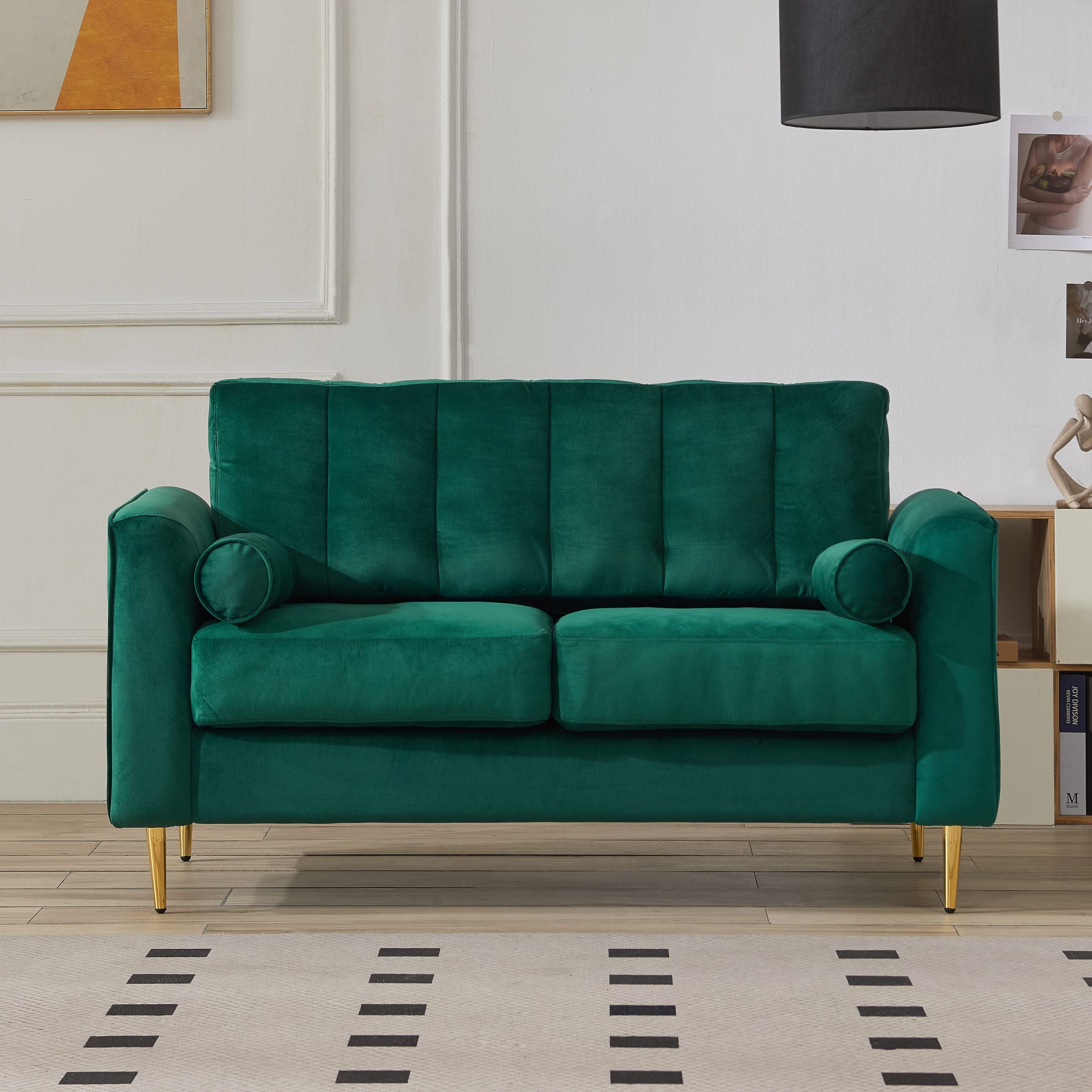 MASTI Green Velvet Loveseat Sofa for Small Spaces,59" Modern Love Seats Furniture with Golden Legs and Two Bolster Pillows Suitable for Living Room,Bedroom and Apartment