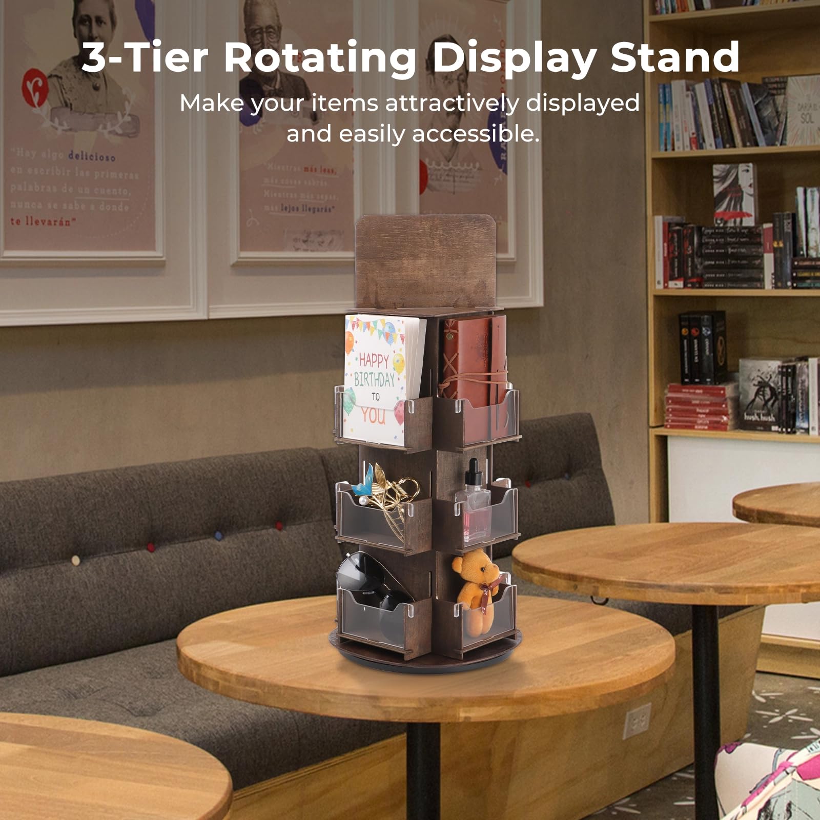 3-Tier Rotating Sticker Display Stand, 4-Sided Wood Greeting Card Display Rack, 360 Countertop Rotating Shelf for Cards, Stickers, Coasters, Multi-Pocket Tabletop Holder for Retail Tradeshow Showcase