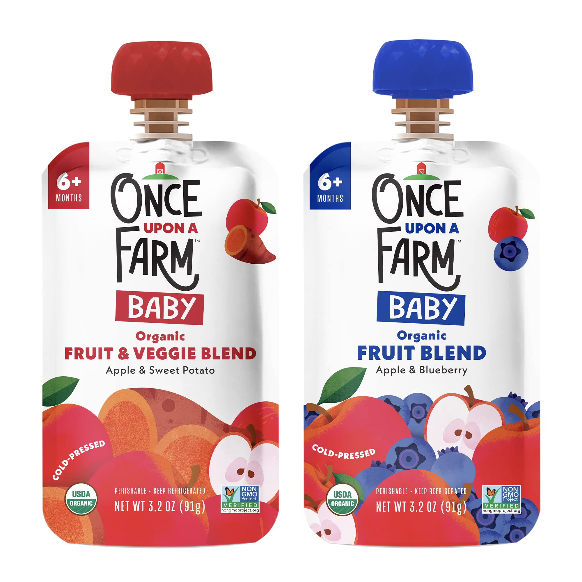 Once Upon a Farm | Organic Baby Blends | Apple Sweet Potato, Apple Blueberry | Cold-Pressed | Unsweetened | Dairy-Free Plant Based | Variety Pack of 24
