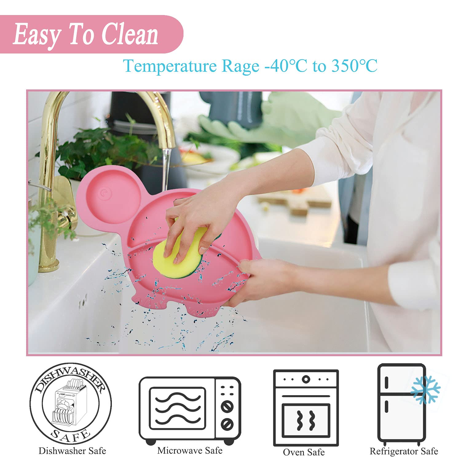 NICINGU Silicone Suction Plate spoon fork sets for Toddlers,Divided Plate Dish Placemat Bowl for Baby Kids Infant Self Feeding Training,Fits Most Highchairs, BPA Free Microwave Dishwasher Safe-Pink