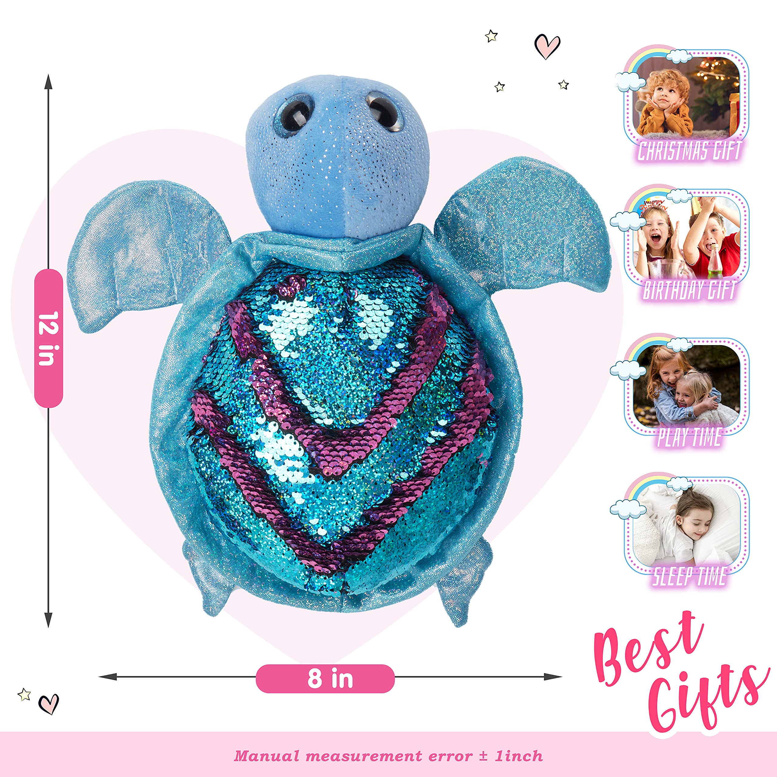 Athoinsu 12'' Blue Turtle Plush Pillow Soft Plush Toy with Reversible Glitter Sequins Sparkle Birthday Children's Day Valentine's Day for Kids Boys Girls Toddlers