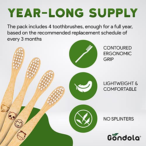 Gondola Kids Bamboo Toothbrushes Soft Bristles β Vegan Organic Eco Friendly Tooth Brush for Kids with Fun Animals Designs & Lightweight, Smooth Bamboo Handles β Zero Waste Packaging β 4 Pack