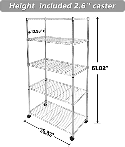 HealSmart Heavy Duty 5-Tier Height Adjustable Metal Shelving Unit, 36'' L x 14'' W x 61.02'' H, Chrome (HKSHLF36146005CV4)