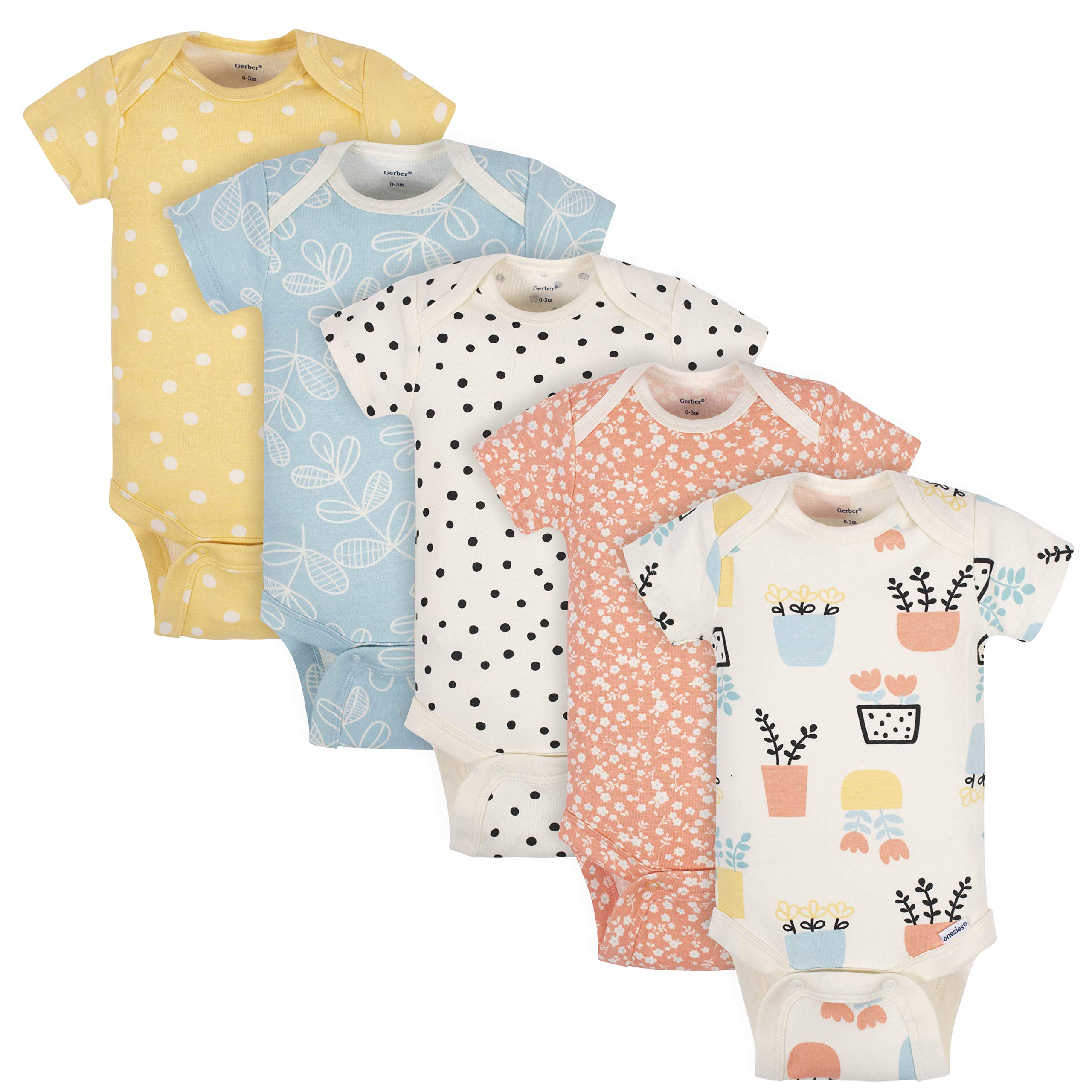 Grow by Gerber Baby Girls 5-Pack Short-Sleeve Onesies Bodysuits, Orange/Yellow/Green/Ivory, 0-3 Months