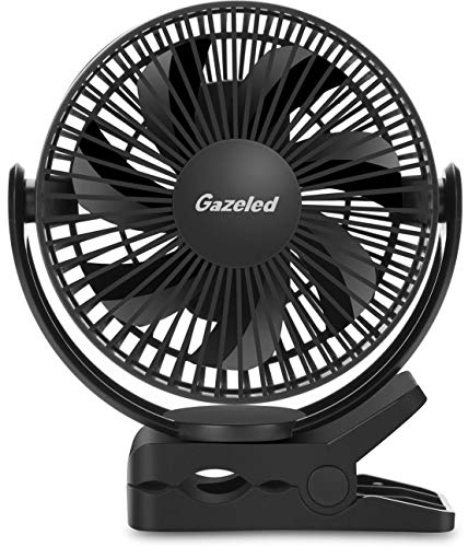 Gazeled Battery Operated Fans for Camping, Battery Powered Fan with Clip, Timer, 3 Speeds, 6700mAh Rechargeable Stroller Fan, Portable Fan with Strong Clamp, Quiet Desk Fan for Home,Office,Black