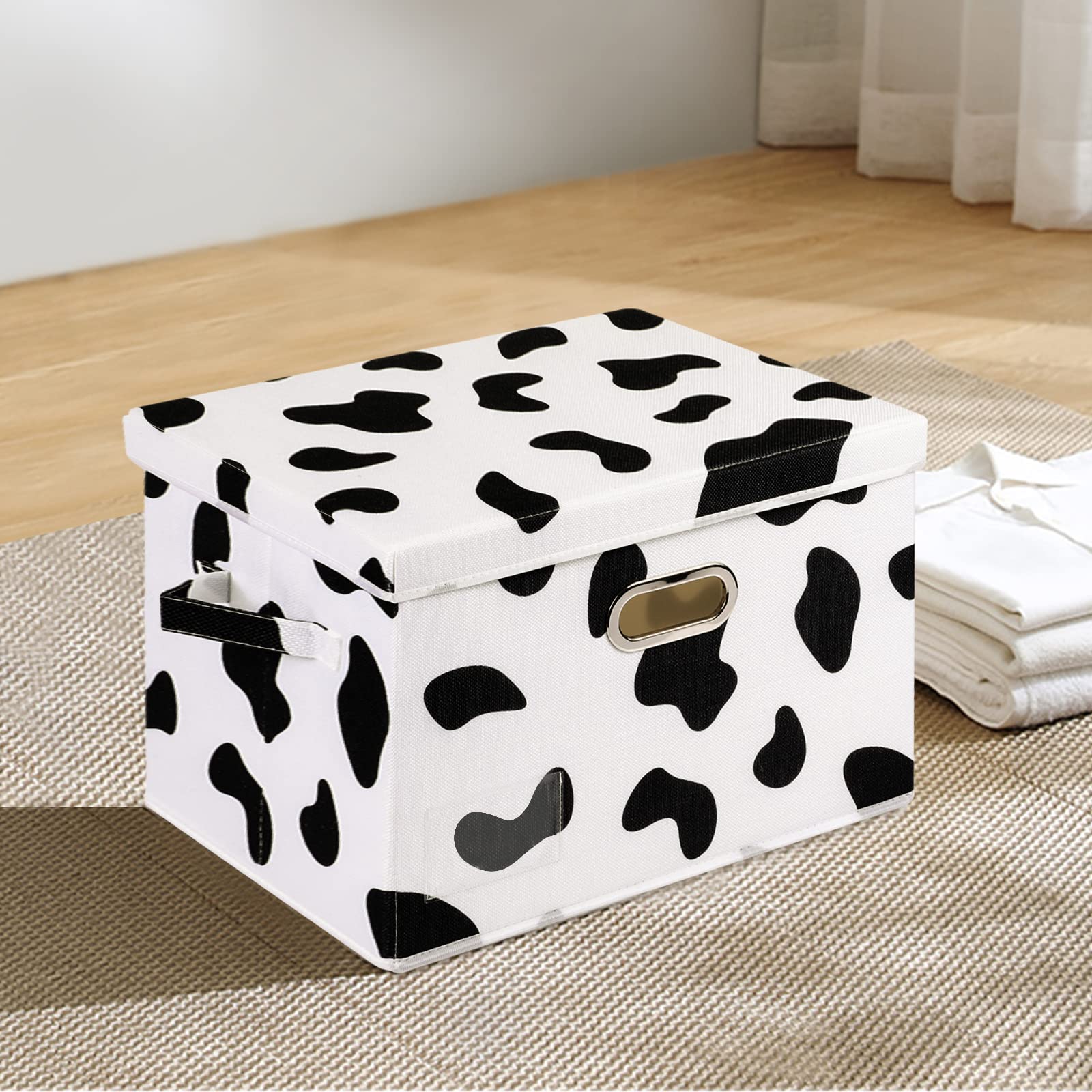ANMINY 2PCS Large Storage Bins Cow Print Foldable Cotton Linen Lidded Box Basket Cubes Set with Removable Lids PP Plastic Board Handles Label Window Home Closet Shelf Clothes Toys Organizer Containers