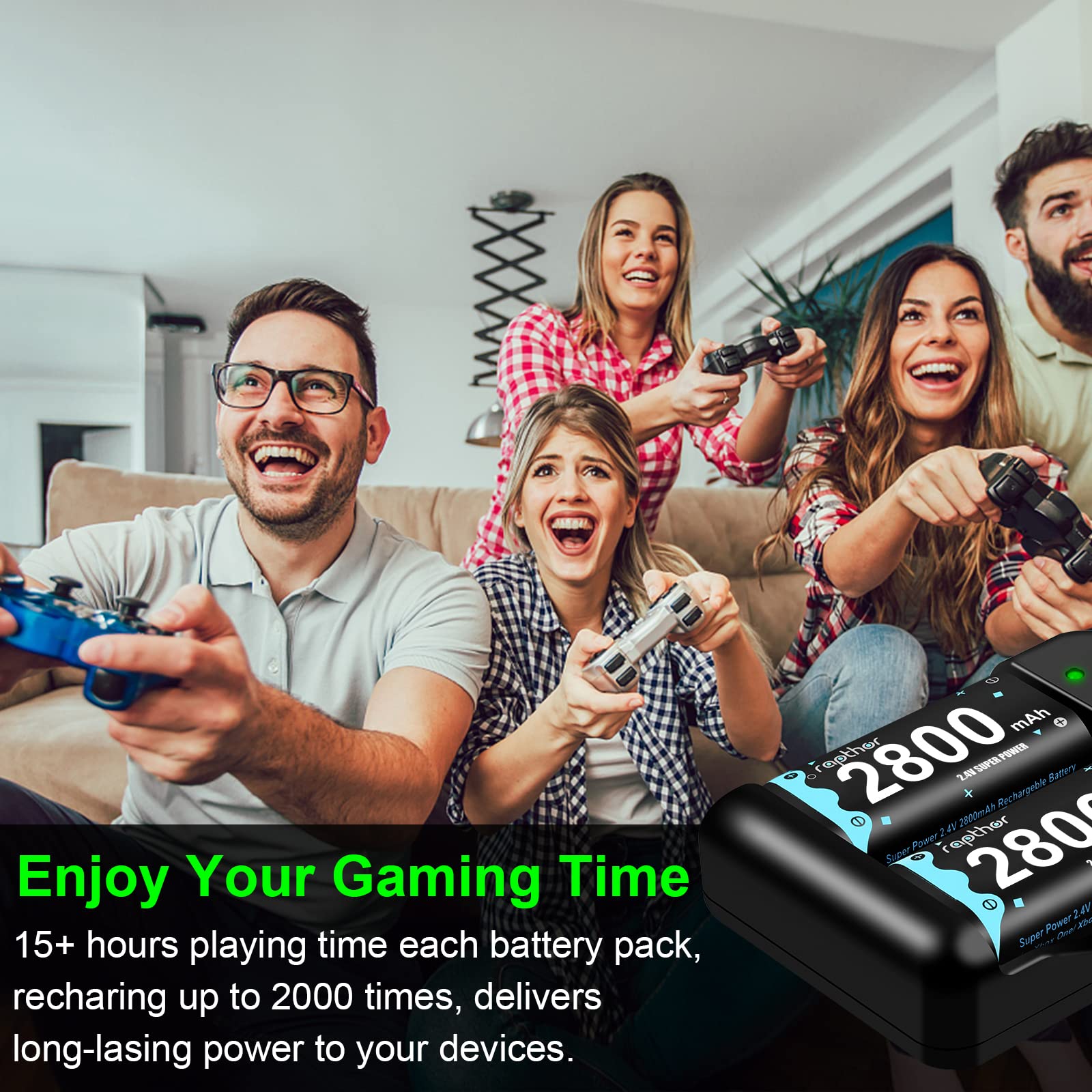 2800mAh High Power Rechargeable Controller Battery Pack for Xbox One/One X/One S/Series X/S, 3 Hours Fully Charged, 25+ Hours Playing time Each Battery Pack, 2000 Recharging Times(2 Batteries+Charger)