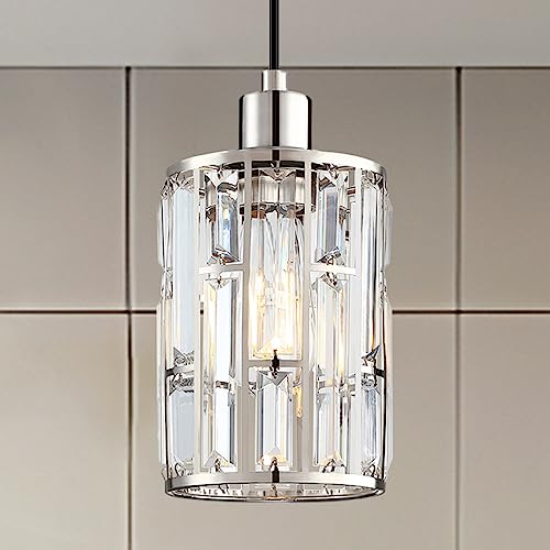 2 Pack 1 Light 5.5" Hanging Kitchen Island Pendant Light Crystal Nickel Finish,Modern Concise Pendant Fixture with Crystal Metal Shade for Bar,Dining Room,Corridor,Living Room Over Sink