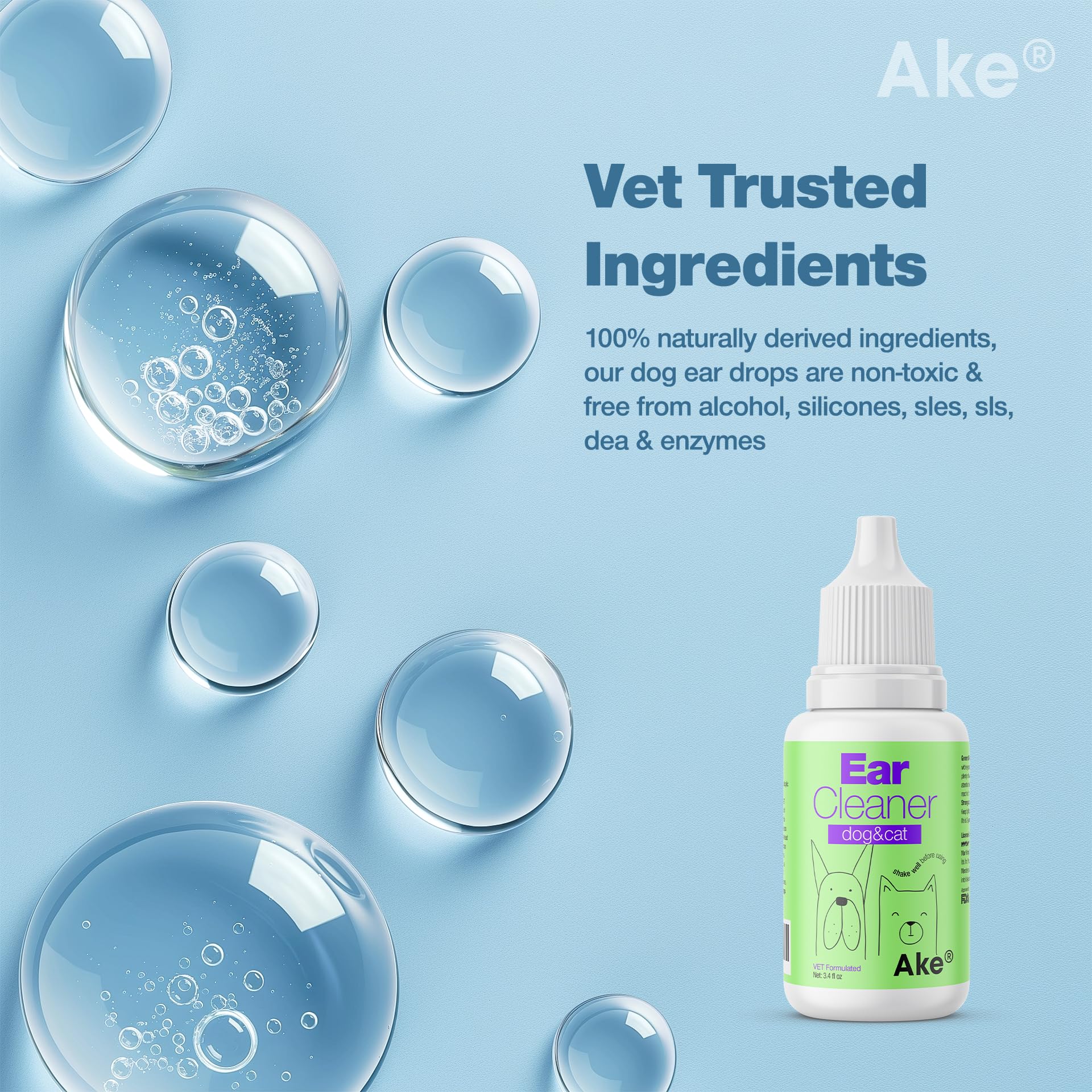 Ake® Dog Ear Cleaner Solution - Cat Ear Cleaner - Dog Ear Flush - Helps with Yeast, Wax, Dirt & Itchy Ear Canal - Dog Ear Wash - Otic Ear Solution for Dogs - Controlling Dog Ear Infections & Odor