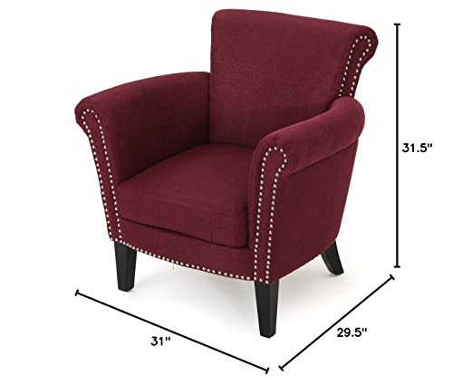 Christopher Knight Home Brice Vintage Scroll Arm Studded Fabric Club Chair, Wine / Dark Brown 29.5D x 31W x 31.5H Inch