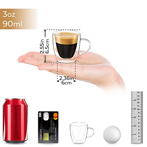 DLux Espresso Coffee Cups 3oz, Double Wall, Clear Glass Set of 2 Glasses with Handles, Insulated Borosilicate Glassware Tea Cup