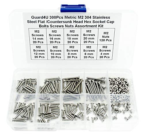 Guard4U 300Pcs Metric M2 304 Stainless Steel Flat/Countersunk Head Hex Socket Cap Bolts Screws Nuts Assortment Kit- M2x 4mm/ 6mm/ 8mm/ 10mm/ 12mm/ 14mm/ 16mm/ 18mm/ 20mm