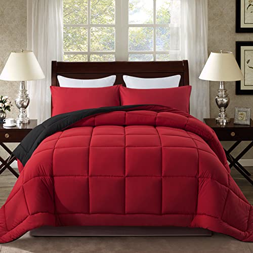 DOWNCOOL All Seasons Red/Black Bedding Comforters & Sets with 2 Pillow Cases -3 Pieces Down Alternative Comforter Set -Bedding Comforter Sets Queen -Lightweight and Noiseless (Queen,88x90 inches)