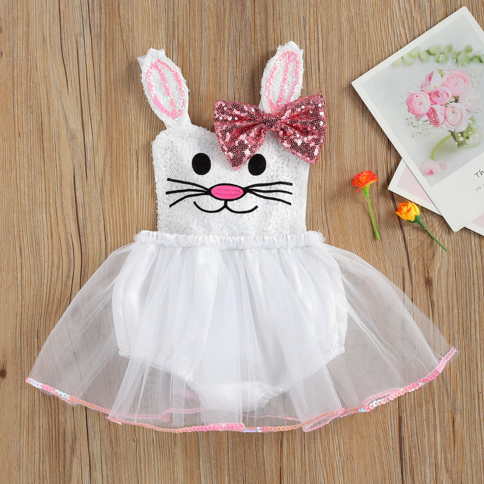 Infant Toddler Baby Girl Easter Outfits Sequin Rabbit Bunny Romper Tutu Dress Bow Halter Sleeveless Bodysuit Party Dresses (White, 18-24 Months)