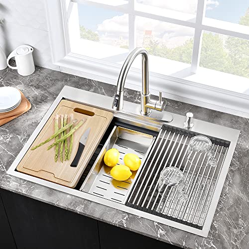 33 Inch Drop In Kitchen Sink Workstation-Hovheir 33x22 Stainless Steel Topmount Double Ledges Workstation Sink 16 Gauge Deep Single Bowl Overmount