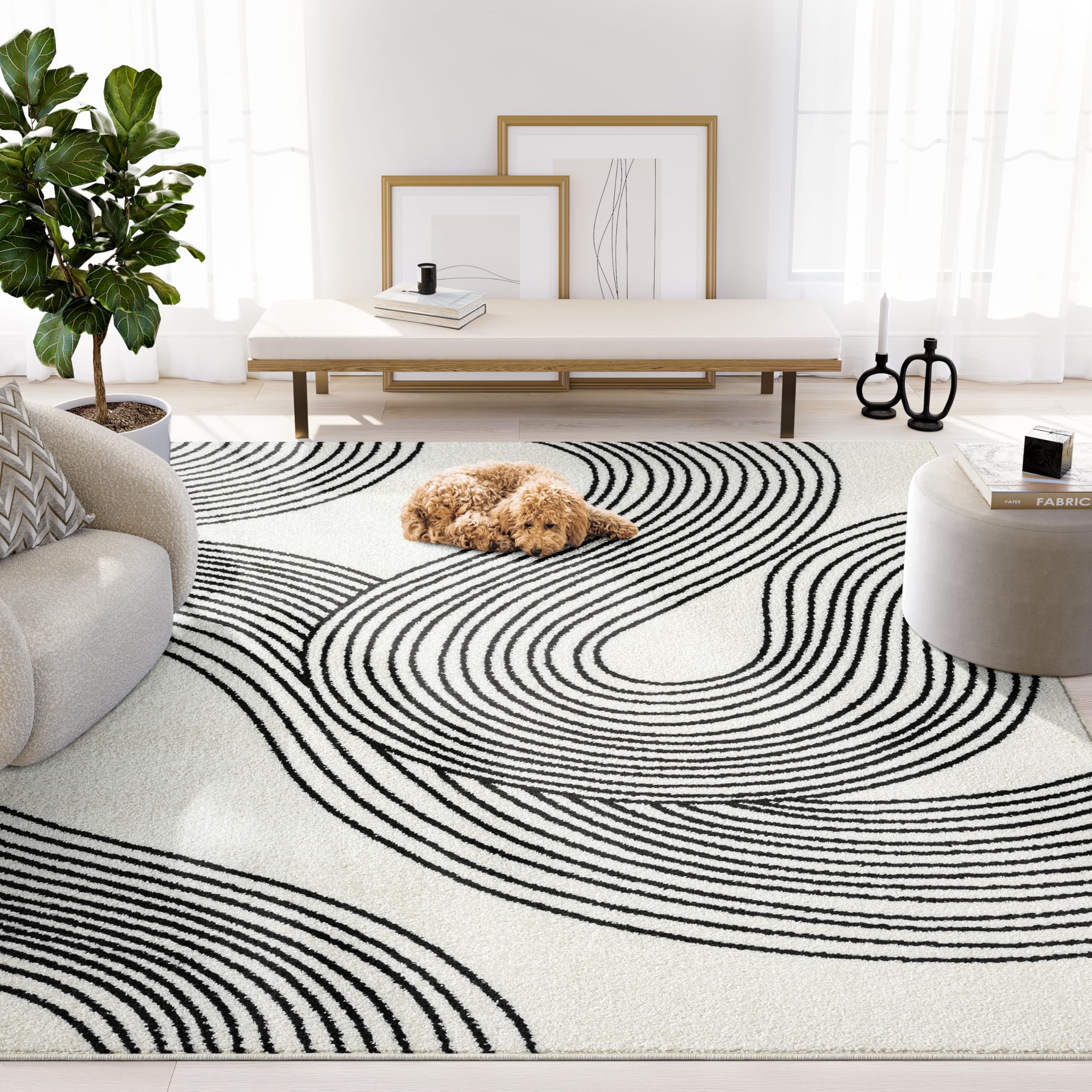 Abani Nuevo Beige Black Swirls Modern Area Rug 8' x 10' for Living Room, Bedroom - Abstract Design - Durable & Easy to Clean