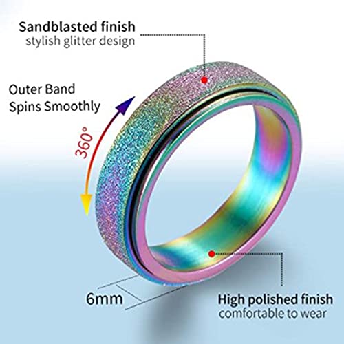 3Pcs Spinner Ring for Women Anxiety Relief - 6MM Stainless Steel Sand Blast Glitter Finish Rose Gold Silver Rainbow Color Fidget Ring Band Set -Size 9