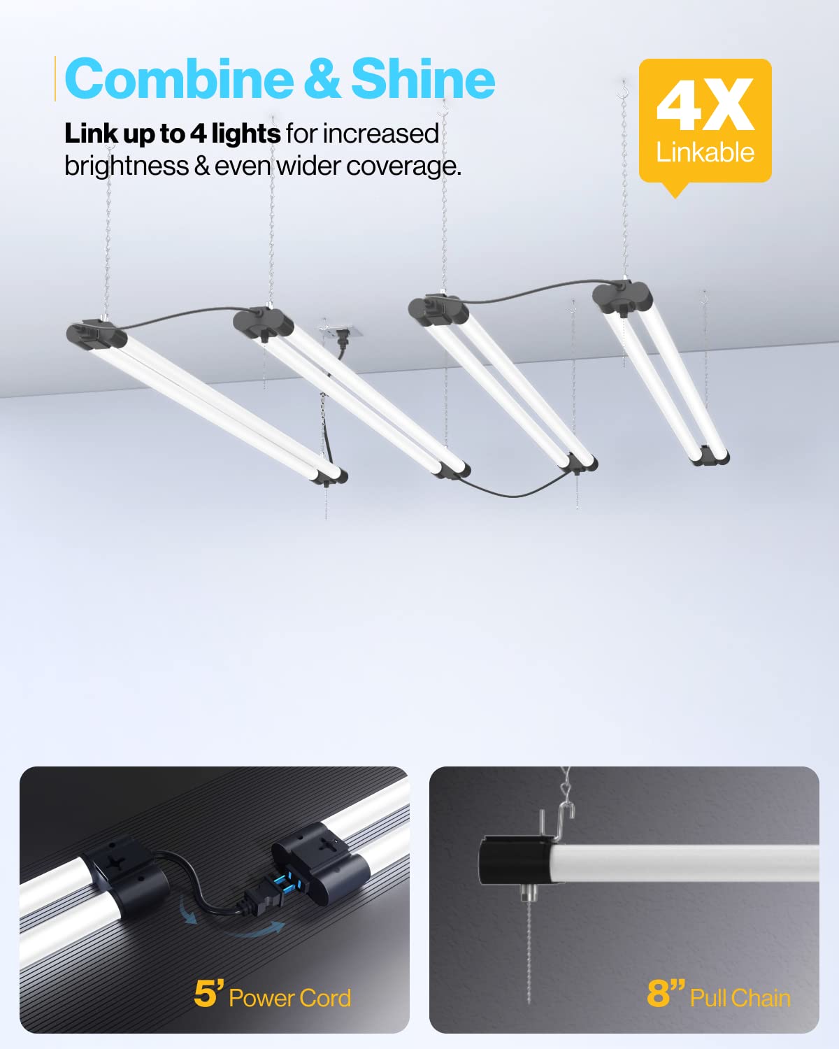 Sunco 8 Pack Linkable LED Utility Shop Light, 4500 LM, 6000K Daylight Deluxe, 4 FT, 48 Inch Integrated Fixture for Garage, 40W Equivalent 150W, Surface + Suspension Mount, Black