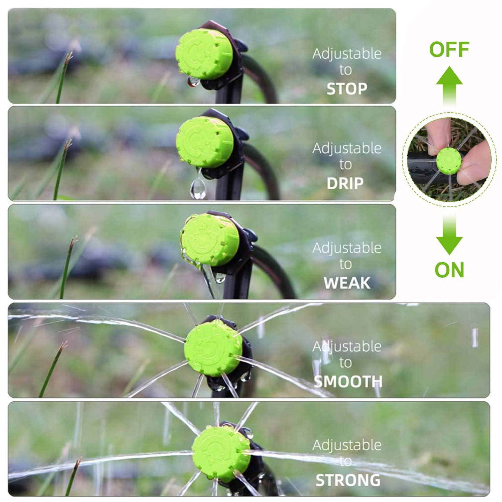 Kalolary 200Pcs Adjustable Irrigation Drippers, 1/4 Inch Barbed Drip Emitter 360 Degree Watering Sprinklers Anti-Clogging Drippers for 4mm/7mm Garden Watering System(Green)