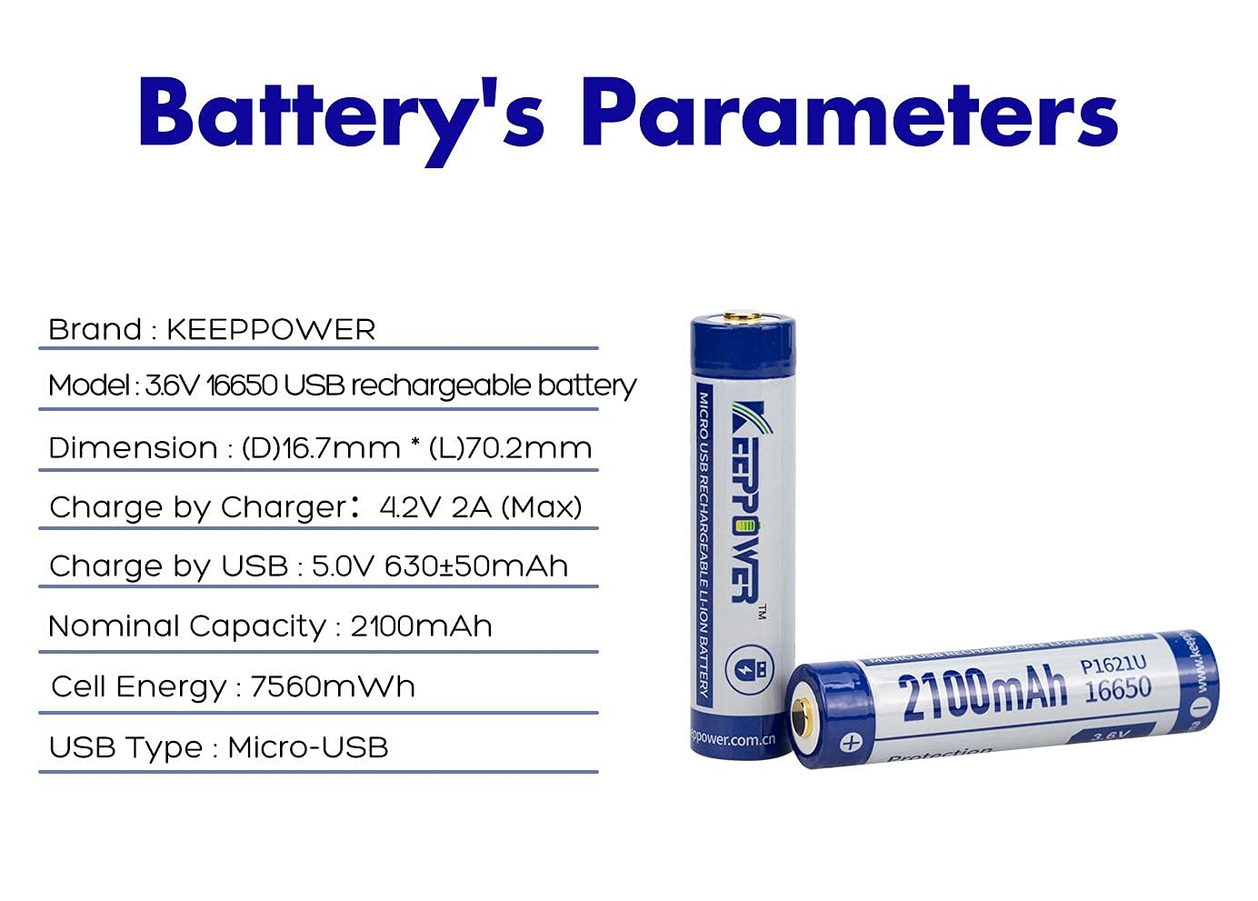 Keeppower Protected 16650 Li-ion Battery P1621U USB Rechargeable 3.6V 2100mAh 7.56Wh Flashlight Battery Included with a 2-in-1 Charging Cable (2 Pack)