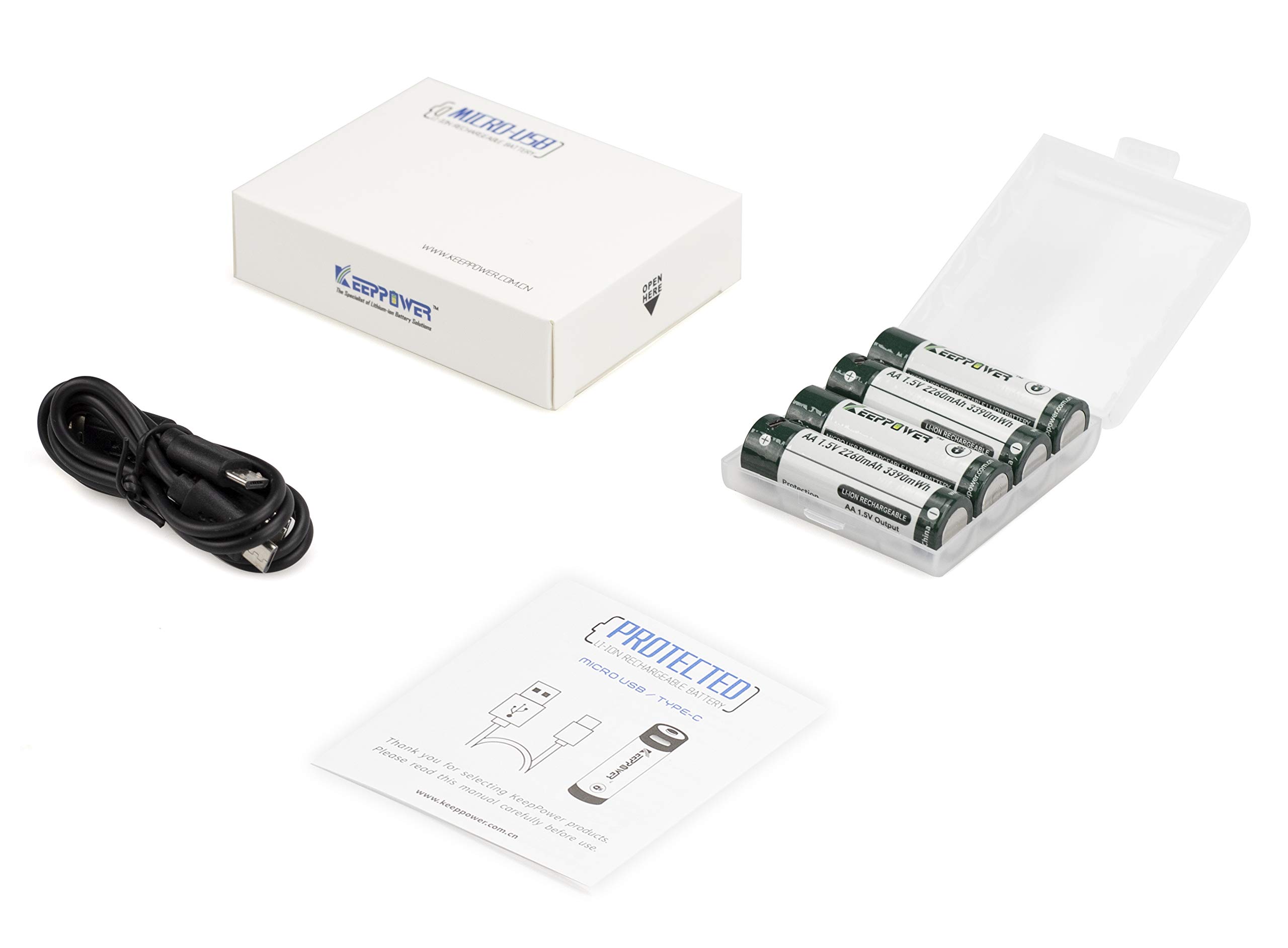 Keeppower USB Rechargeable Li-ion AA Batteries 3390mWh Double A Protected Lithium Battery 1.5V 2260mAh High Capacity Fast Charge Included with a 4-in-1 Charging Cable (Pack of 4)