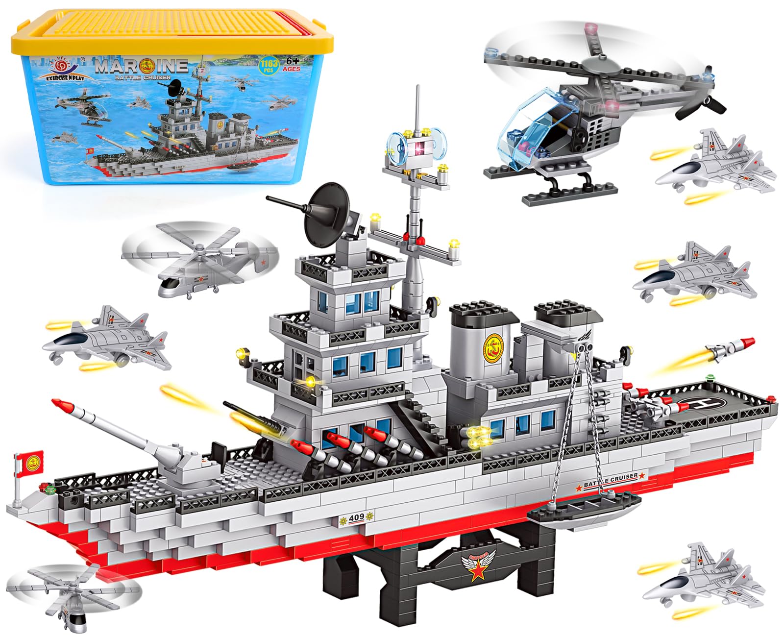 Aircraft Carrier Toy Building Blocks Set with Storage Box, 1131pcs, Army Battleship Aircraft Boat Building Toy with Army Helicopter, Come with Baseplate Lid, Gifts for Kids Boys Girls 6-12