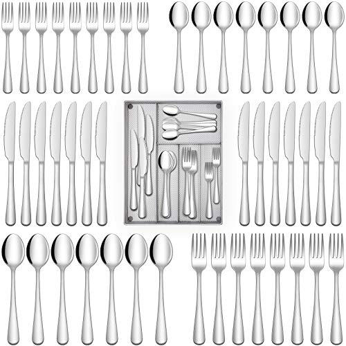 Hiware 40-Piece Silverware Set with Drawer Organizer, Flatware Sets for 8, Stainless Steel Cutlery Set with Tray, Utensils Tableware For Home Kitchen Restaurant Hotel, Mirror Polished, Dishwasher Safe
