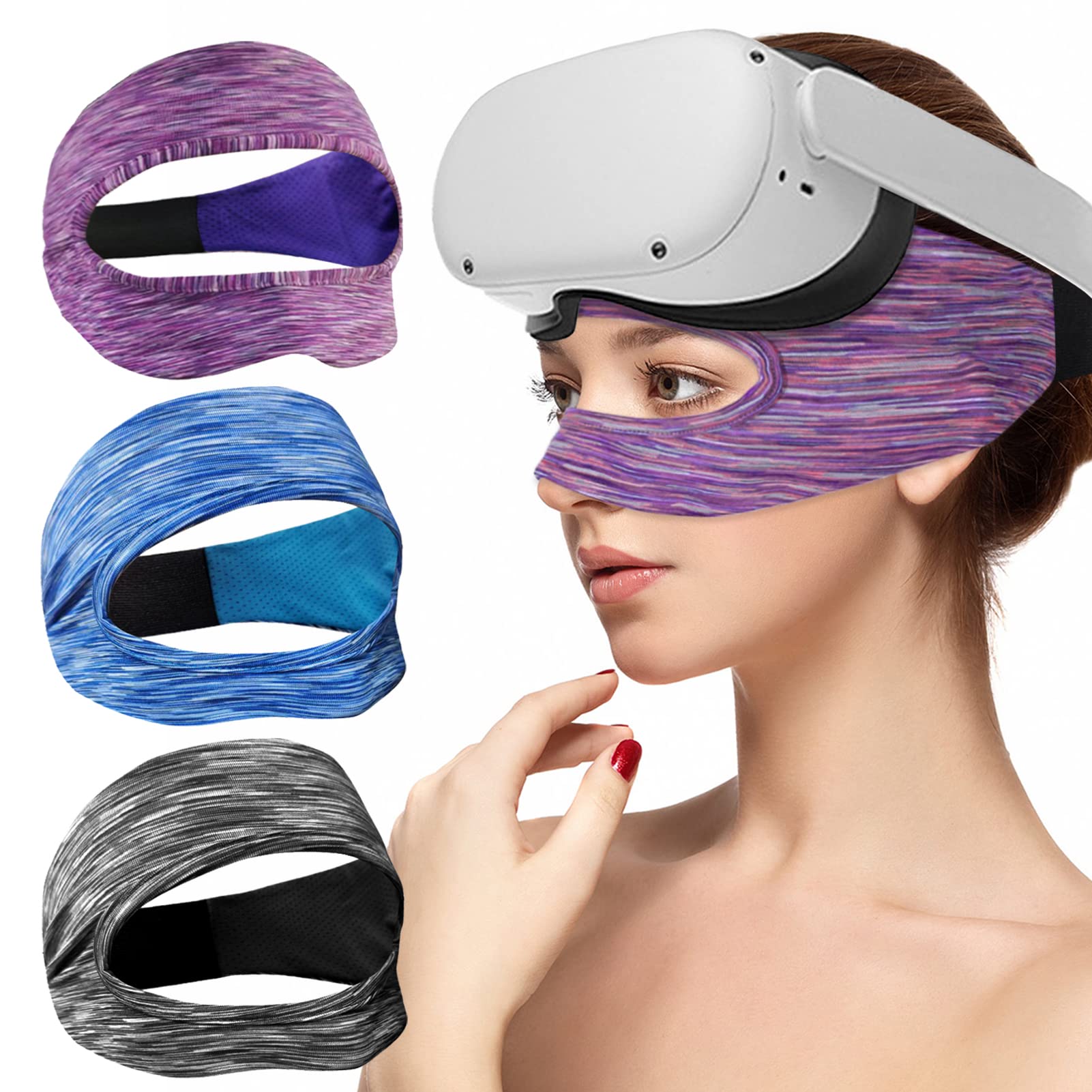 3PCS VR Masks Sweat Band Eye Mask Face Cover Breathable Elastic Sweat Band for Oculus Go Quest 2 Virtual Reality Headsets VR Accessories for VR Workouts Use (Black Blue Purple)