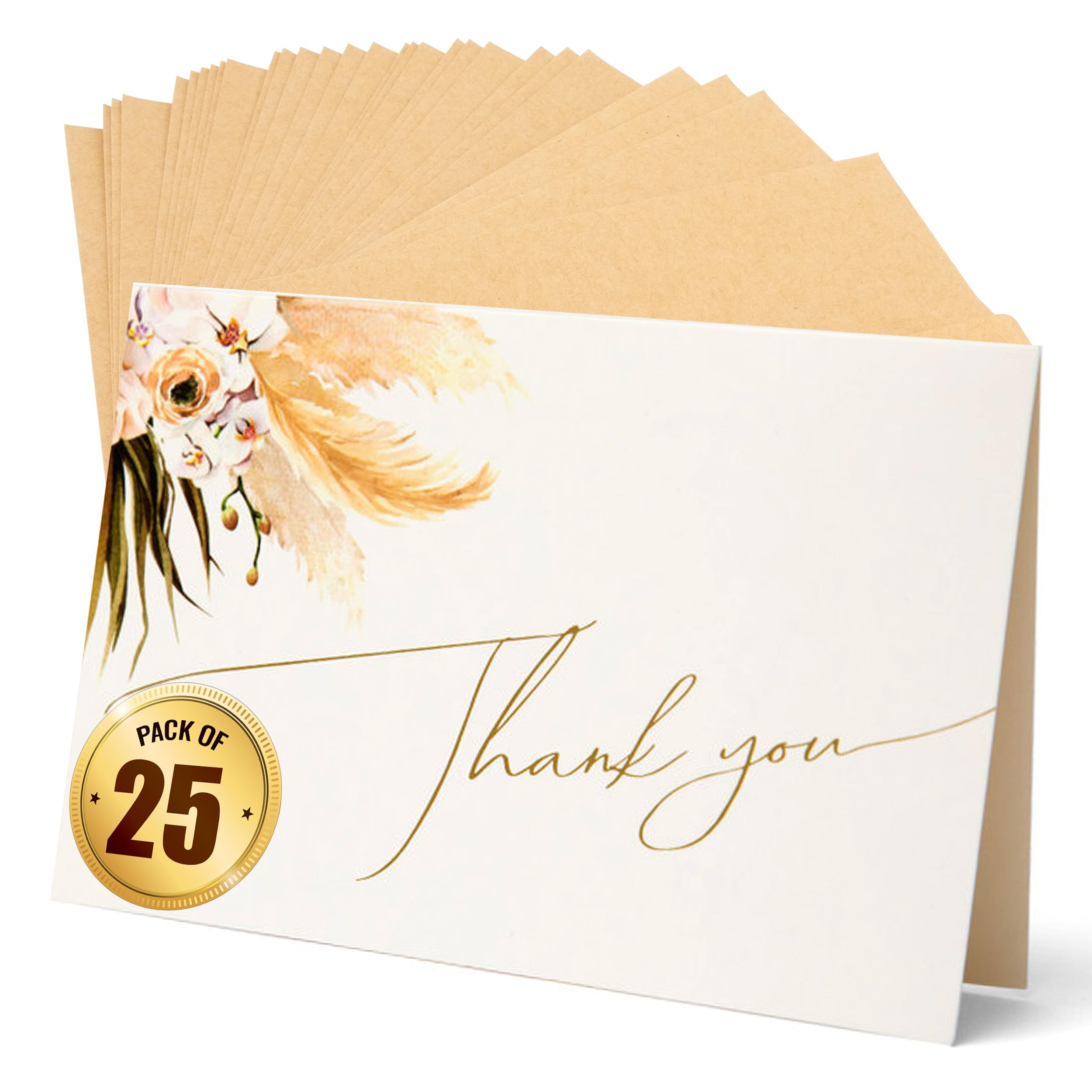 Anna Marie Collections 25 Pack Boho Thank You Cards with Envelopes Pampas Grass and Floral Design - Wedding, Bridal Shower, Baby Shower, Graduation, Baptism Cards - Blank Greeting Cards
