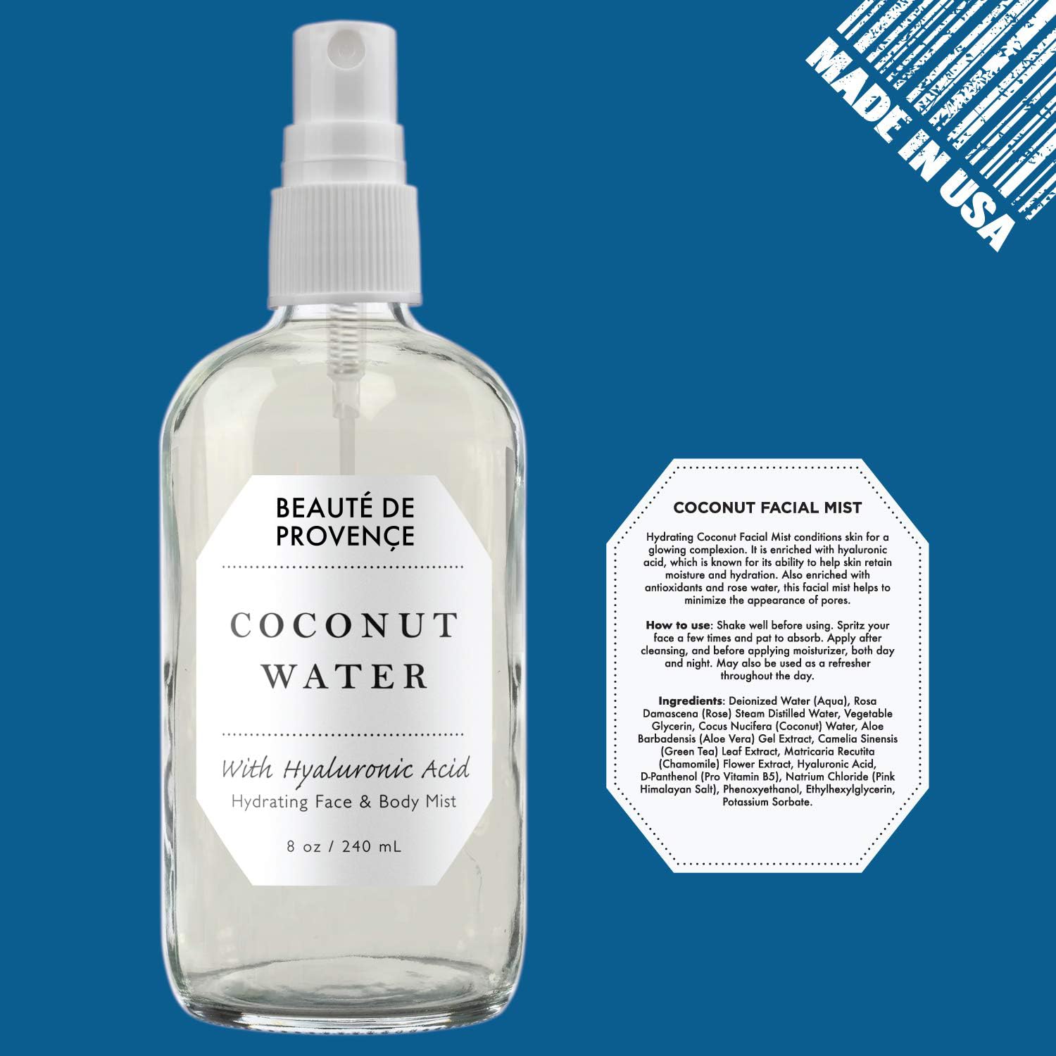BEAUTE DE PROVENCE | Face & Body Mist Spray - Hydrating Coconut Water With Moisturizing Hyaluronic Acid | Instant Cooling, Conditoning, Hydrating | 8 FL OZ