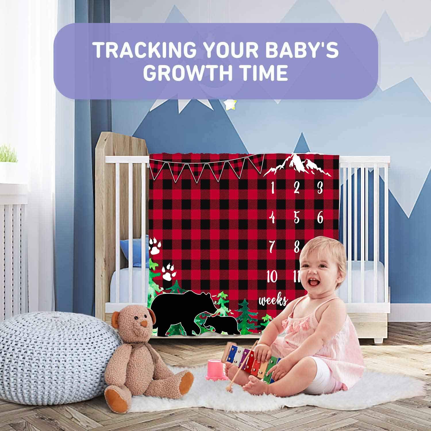 PHMOJEN Red Buffalo Plaid Milestone Blanket for Baby Boy, Rustic Hunter Theme Woodland Bear Age Blanket for Nursery, Lumberjack Baby Shower Backdrop, 1-12 Months, Includes Marks 40"x40" BTLSPH254