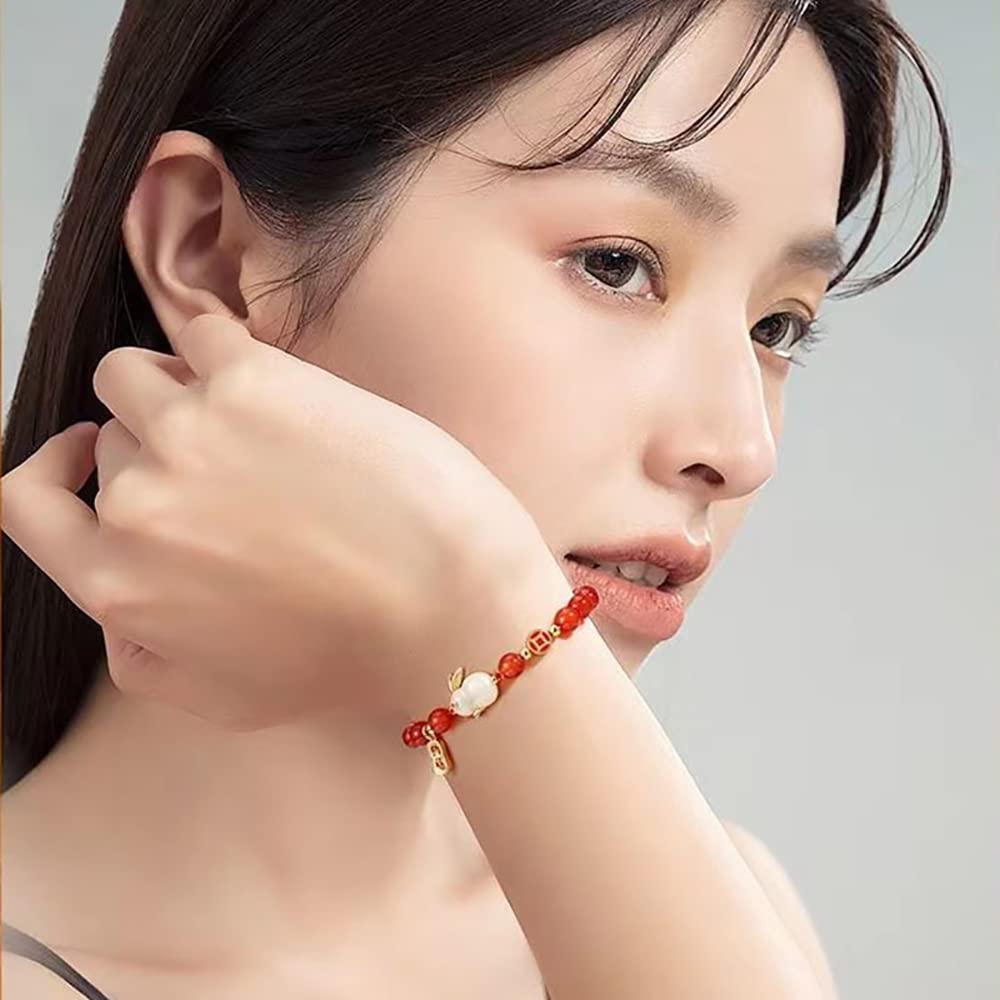2023 Chinese Style Rabbit Year Beads Bracelet Adjustable Bangle Women Gift, Adjustable Bracelet for Women Girls Jewelry (Red+White)