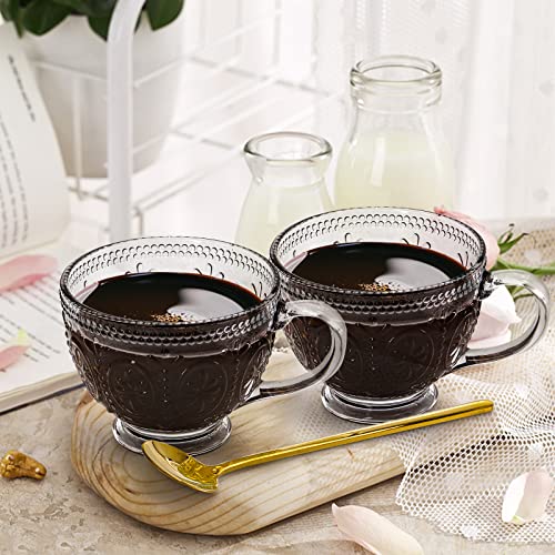 Bekith Set of 4 Glass Coffee Mugs 13 Ounces, Vintage Glass Coffee Mugs with Spoons, Clear Embossed Glass Cups Set for Cappuccino, Latte, Cereal, Yogurt, Tea, Beverage Hot/Cold