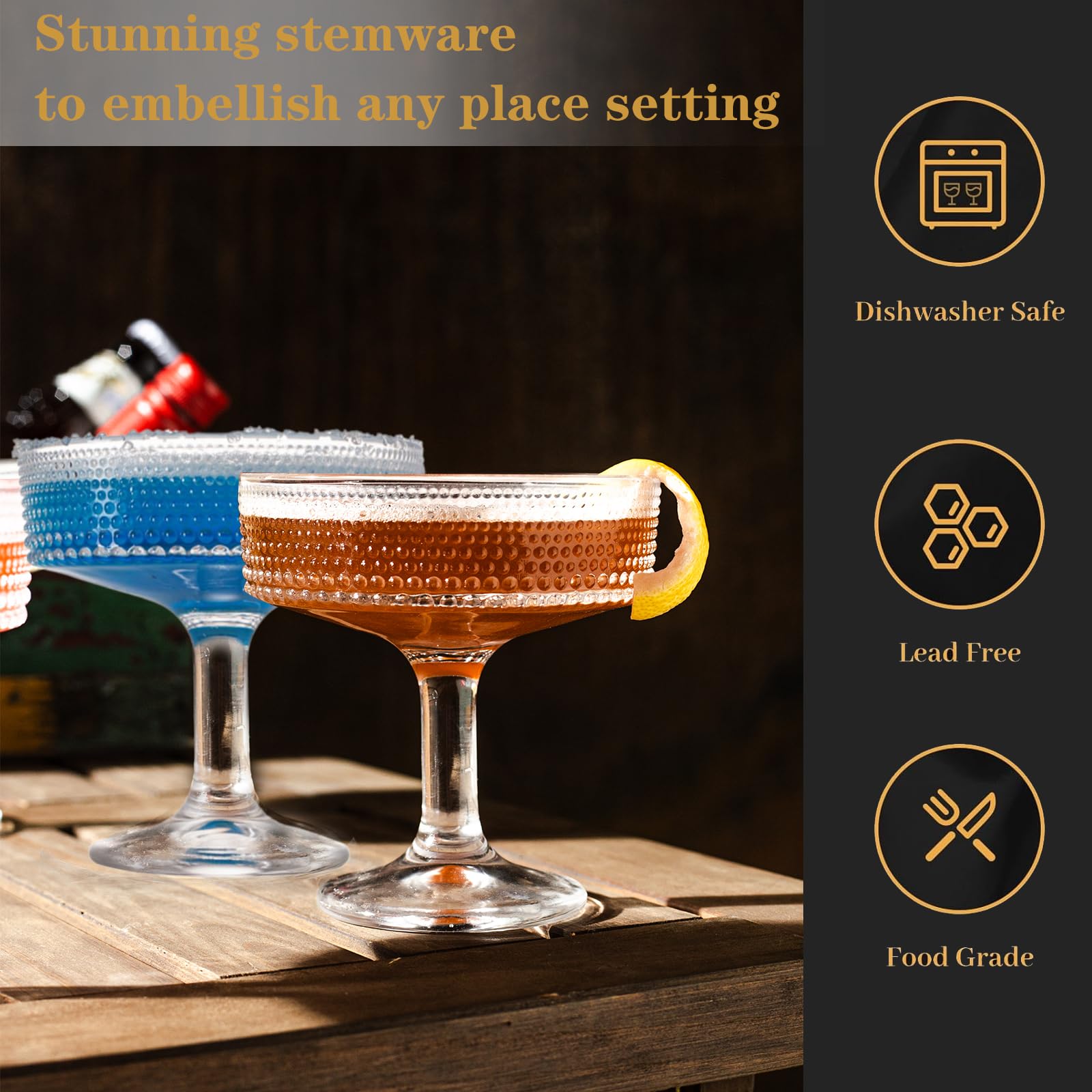 4 Pcs Martini Glasses, 7 oz Vintage Cocktail Coupe Glasses Set, Unique Beaded Glass, Classic Cocktail Galssware, Bar Drinking Glasses Set, Pefect for Cocktail, Wine, Champagne(4Pcs)