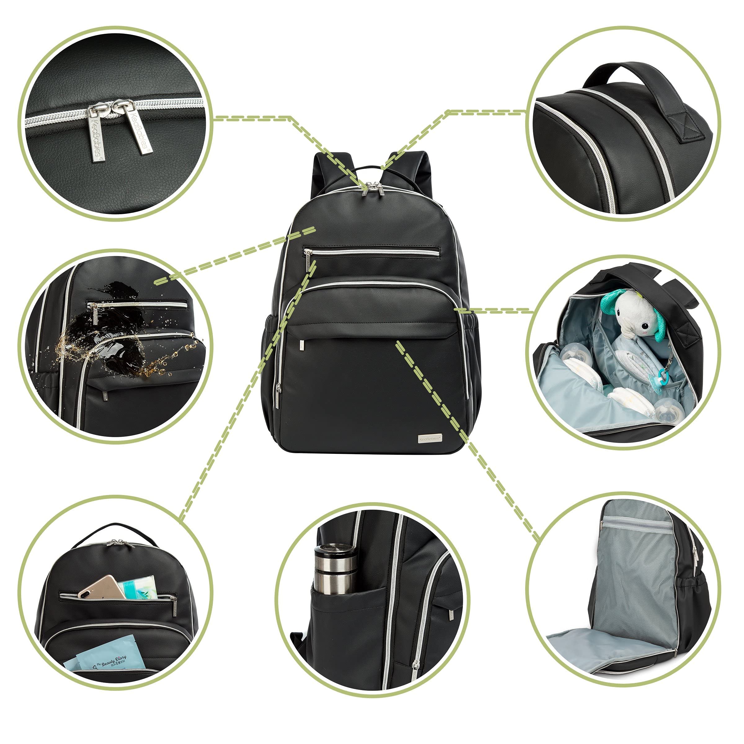 KeaBabies Large Waterproof Diaper Backpack - Vegan Leather, Stylish, Multifunctional Baby Diaper Bags, Travel Back Pack, Maternity Baby Changing Bags, Unisex Nappy Changing Bag, Black Diaper Backpack
