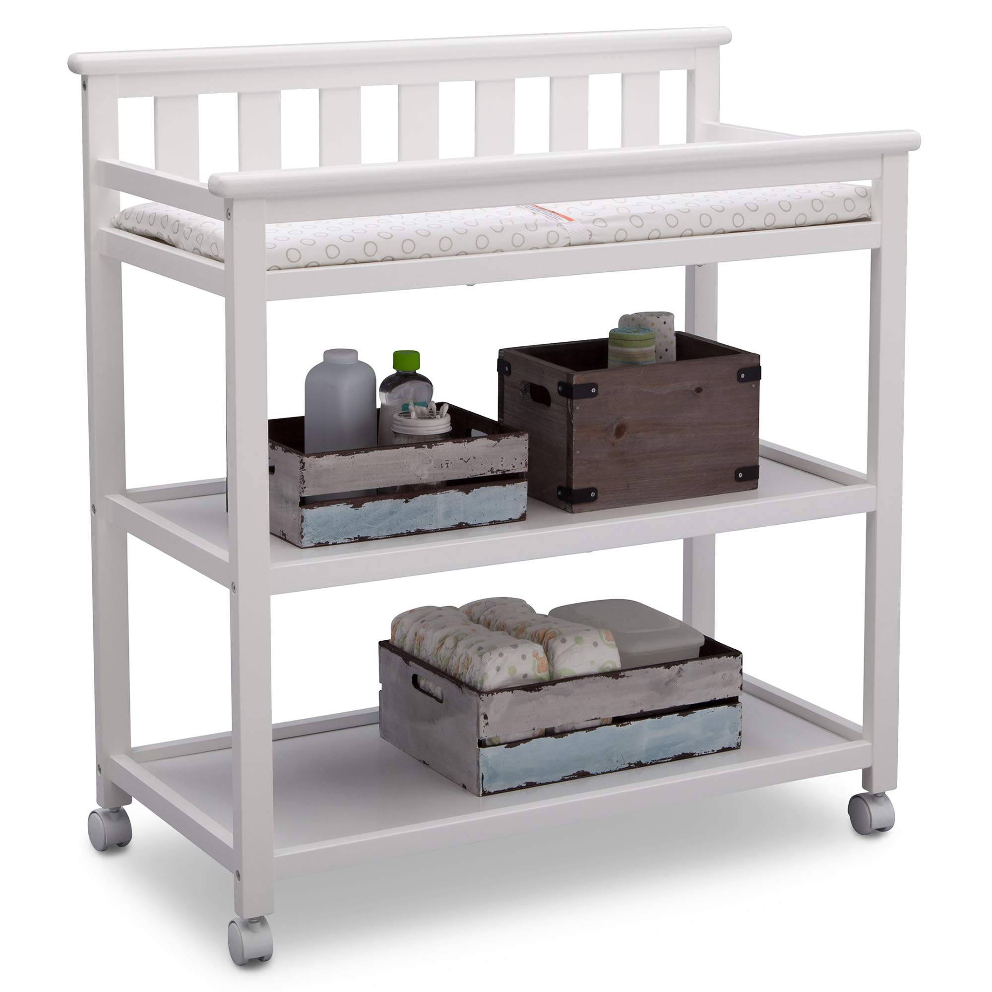Delta Children Flat Top Changing Table with Casters, Bianca (White) and Waterproof Baby and Infant Diaper Changing Pad, Beautyrest Platinum, White