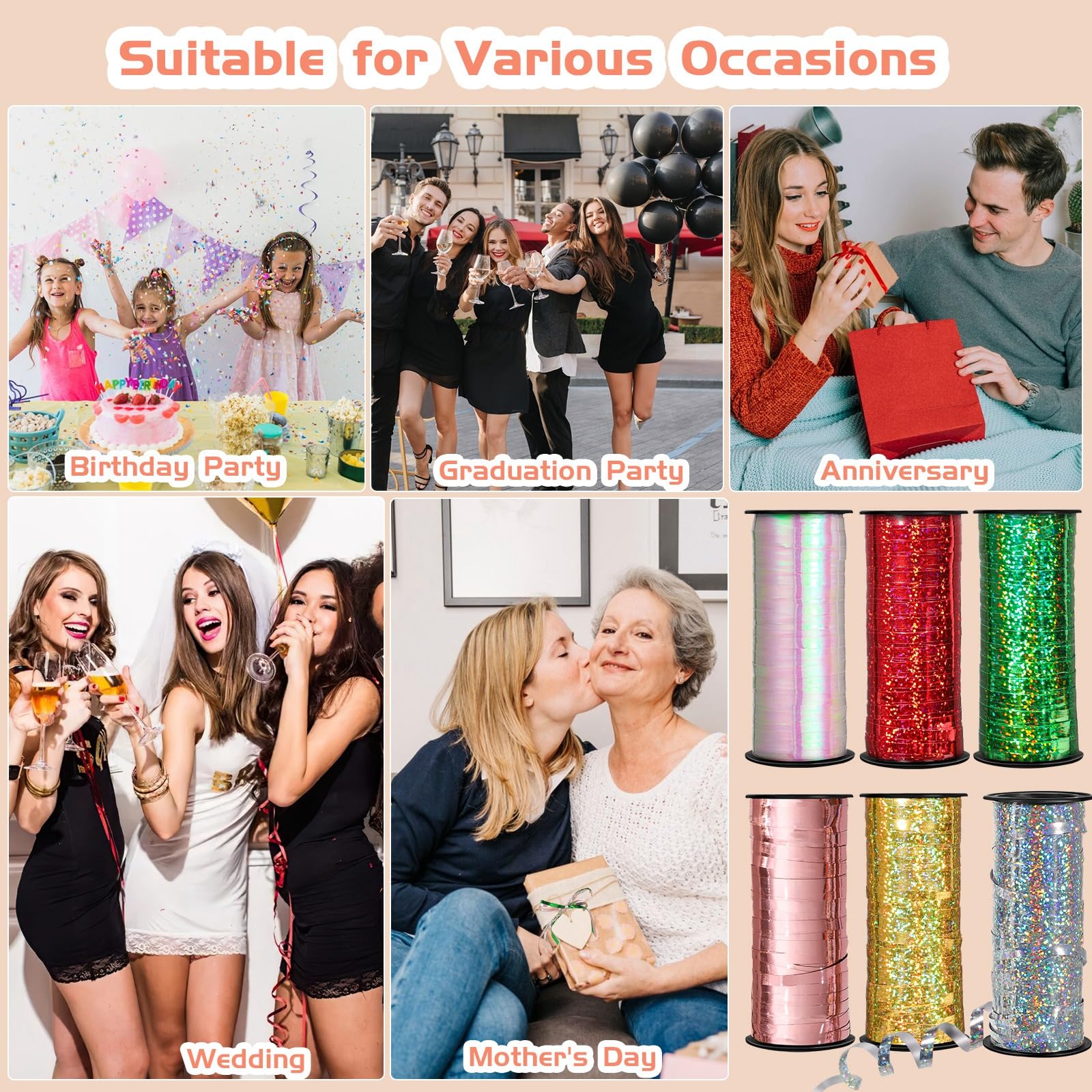 6 Rolls Curling Ribbon Set, 600 Yards (1800 Ft) 1/5 Inch Balloon String Ribbon Thin Ribbons for Gift Wrapping Art Crafts Wedding Birthday Party Christmas Decorations