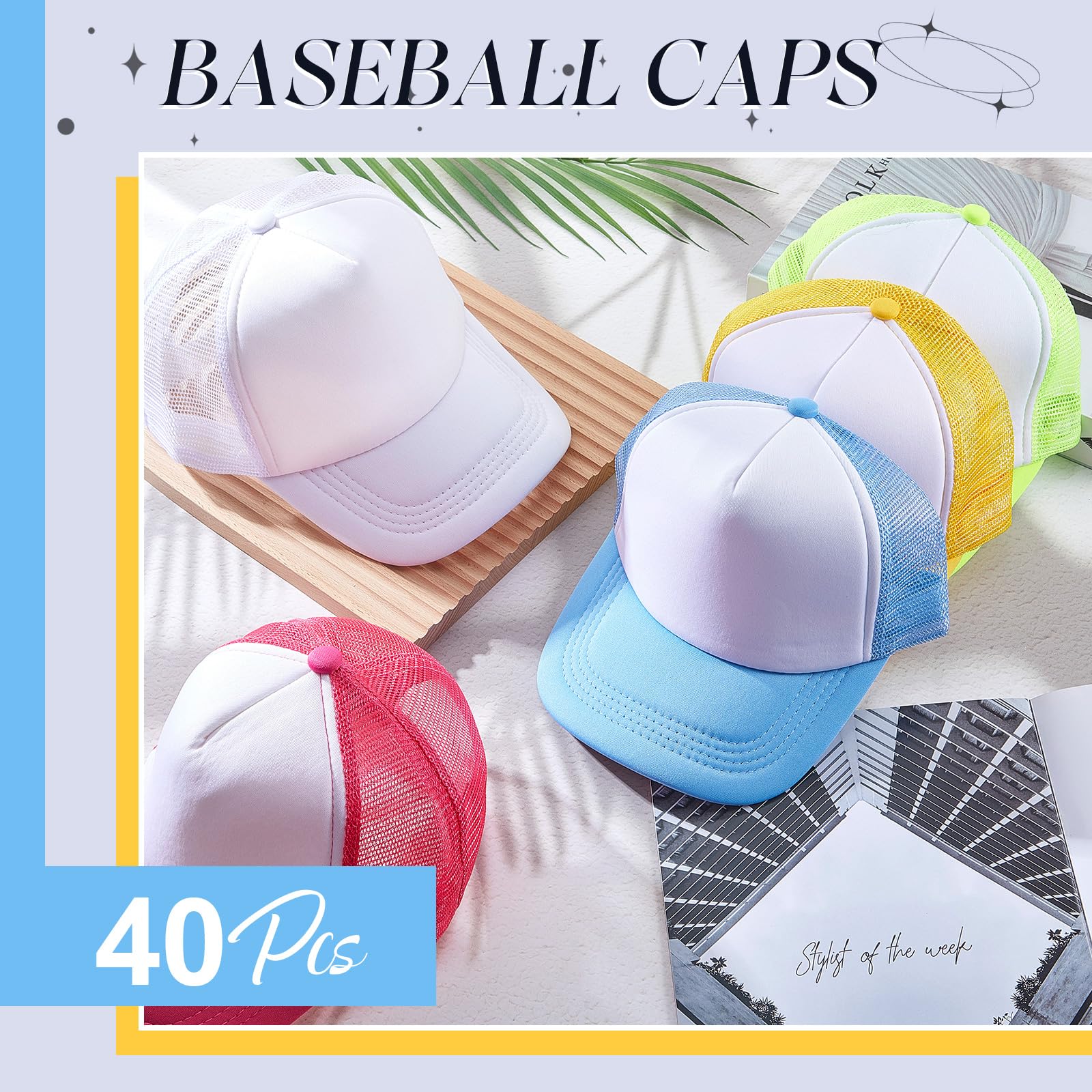 40 Pack Sublimation Blank Baseball Cap Adjustable Mesh Trucker Hat Unisex Polyester Golf Dad Hat Heat Transfer (Black and White)