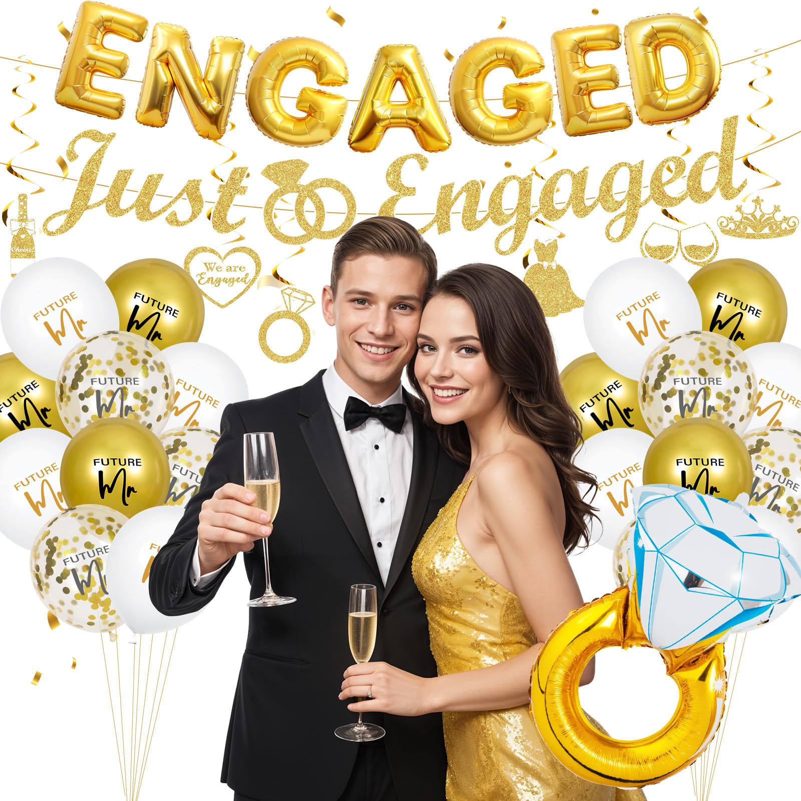 32 Pcs Gold Engagement Party Decorations Just Engaged Banner Diamond Ring Balloons White Gold Engagement Backdrop White Gold Just Married Decorations Kit for Bachelorette Bridal Engagement Party