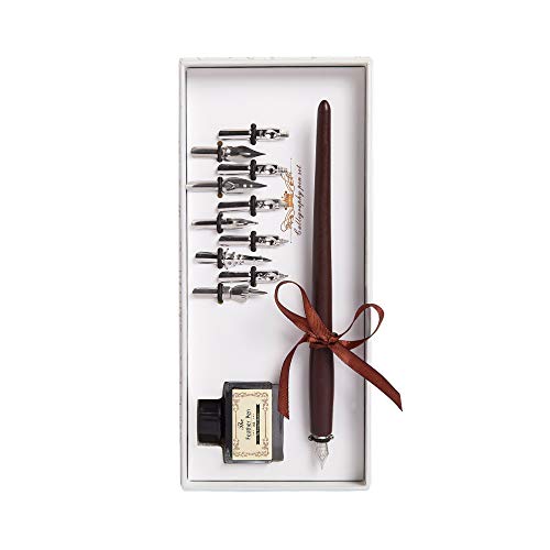 Hethrone Wooden Dip Pen Handcrafted Calligraphy Set with 11 Nibs & Black Ink