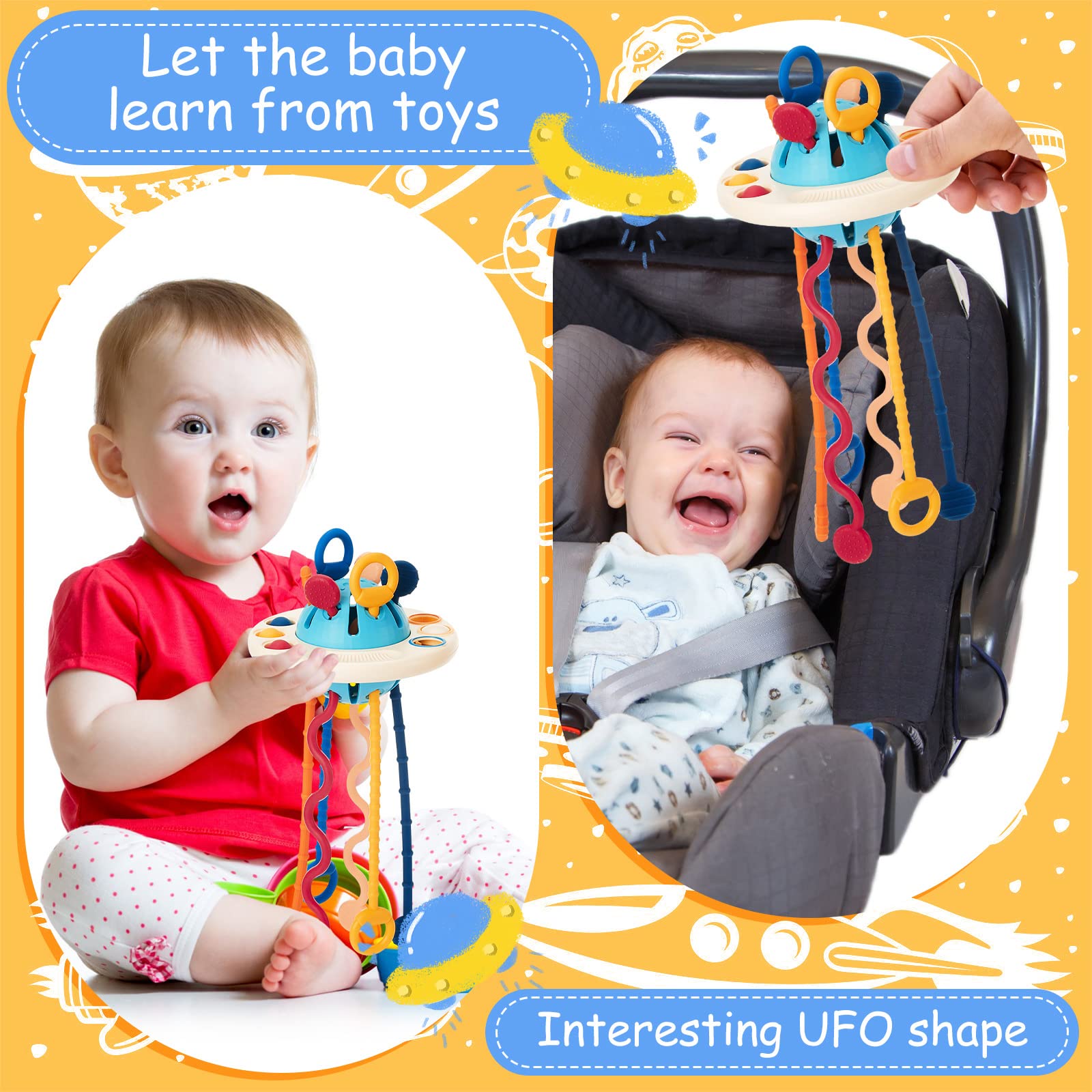 2 Pcs Silicone Pull String Interactive Toy UFO Silicone Pull Activity Toy Baby Montessori Toys Sensory Toys for Toddlers Early Development Learning Silica Gel Toy Fine Motor Skills