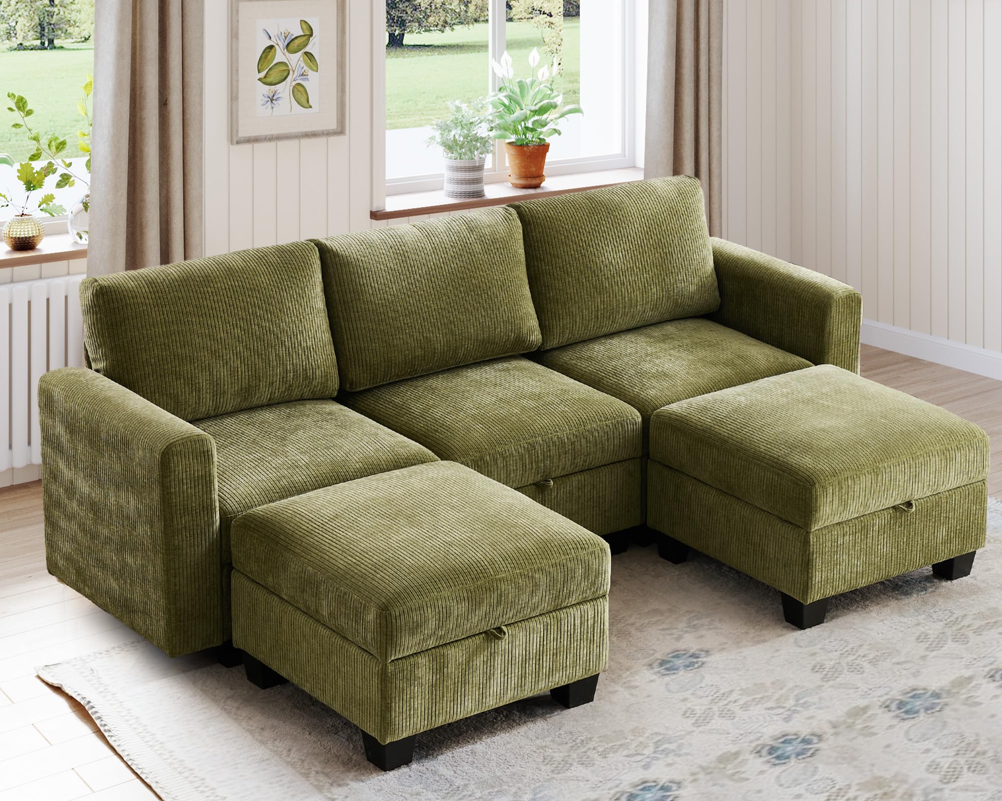 ABCASA Luxury Modular Sectional Sofa w/Storage Seat, 92" U Shaped Modular Couch with Reversible Chaise,5 Seater Sofa for Living Room, Apartment, Compact Spaces - Corduroy Green