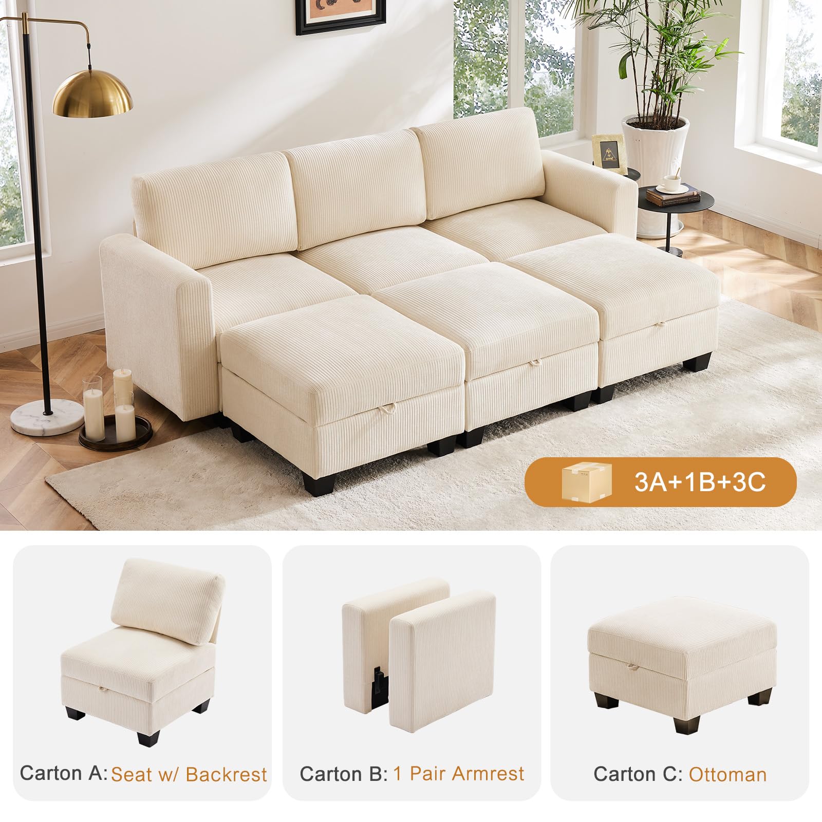 ABCASA Modular Sectional Sofa with Storage Chaises,Modular Sleeper Sofa Couch 6 Seat Sectional Sofa Bed Couch for Living Room,Apartment,Corduroy,Ivory