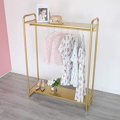 HOMEKAYT Gold Clothing Rack Modern Boutique Display Rack with 2-Tier Shelf Full Metal Garment Rack Multiple Uses Hanging Rack for Home and Retail (47.2ββL)
