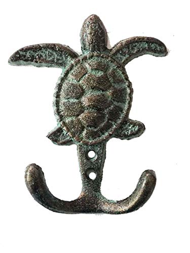Double Turtle Hook - Cast Iron Turquoise & Gold Patina