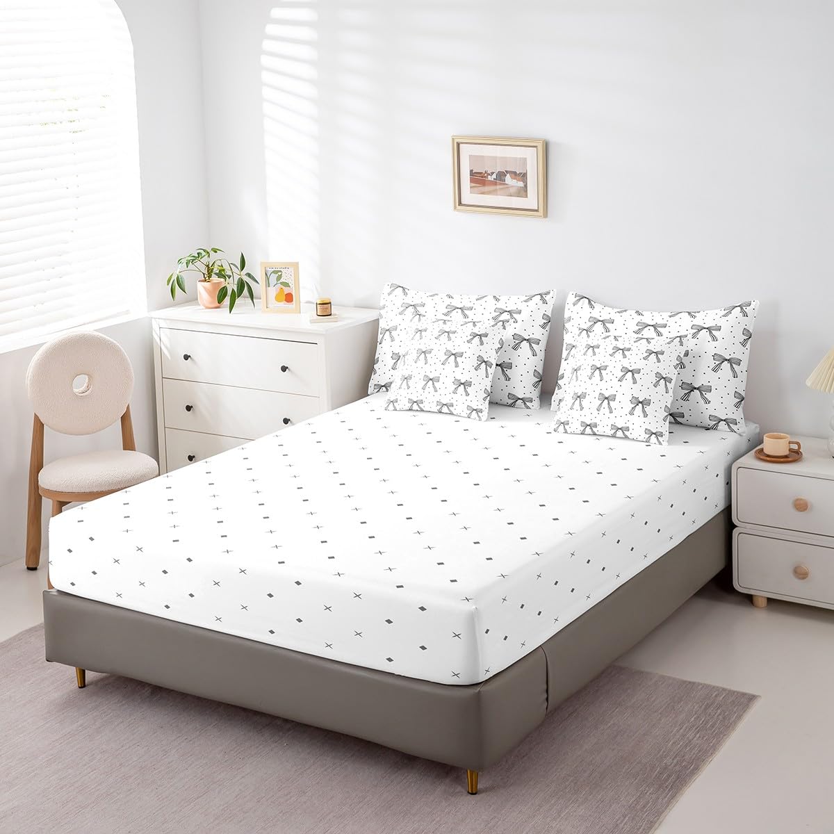 7 Pieces Cute Bowknot Girlish Comforter Full Size,Cartoon Bow-tie Princess Bedding Set,Geometric Dots Zebra Stripes Black White Simple(Comforter+Fitted+Flat Sheet+2 Pillowcases+2 Throw Pillow Covers)