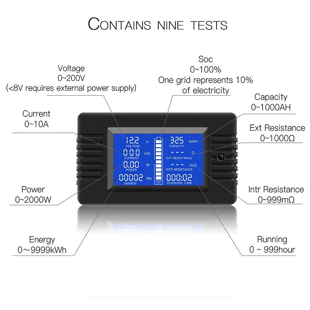 DC Multifunction Battery Monitor Meter,0-200V,0-10A (Widely Applied to 12V/24V/48V RV/Car Battery) LCD Display Digital Current Voltage Solar Power Meter Multimeter Ammeter Voltmeter