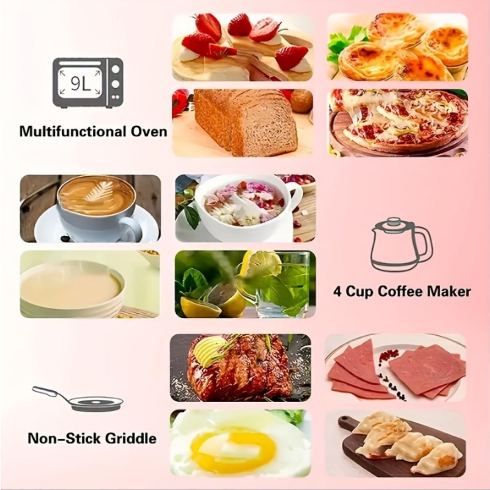 3 In 1 Breakfast Station With Coffee Maker,9L Multifunctional Toaster Oven Combo, Includes Coffee Maker, Non-Stick Griddle, and 4-Slice Toaster Oven - Versatile Breakfast Maker With Timer (pink)