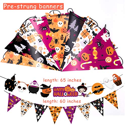 2023 Halloween Banner Party Decoration(Pre-Assembled)Cute Halloween Garland Bunting Banner Triangle Flag with Foil Swirl Ceiling Hanging Cards, Pumpkin Ghost Witches Bat Spider Skull Sticker